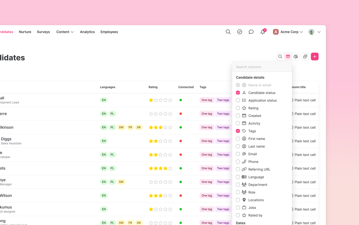 Customize candidate columns | Teamtailor